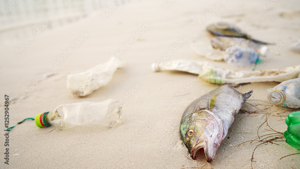 Fish stranded on a beach polluted by plastic bottles highlighting ...