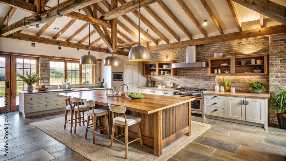 Rustic barn conversion with exposed beams and wooden accents features a modern kitchen with ...