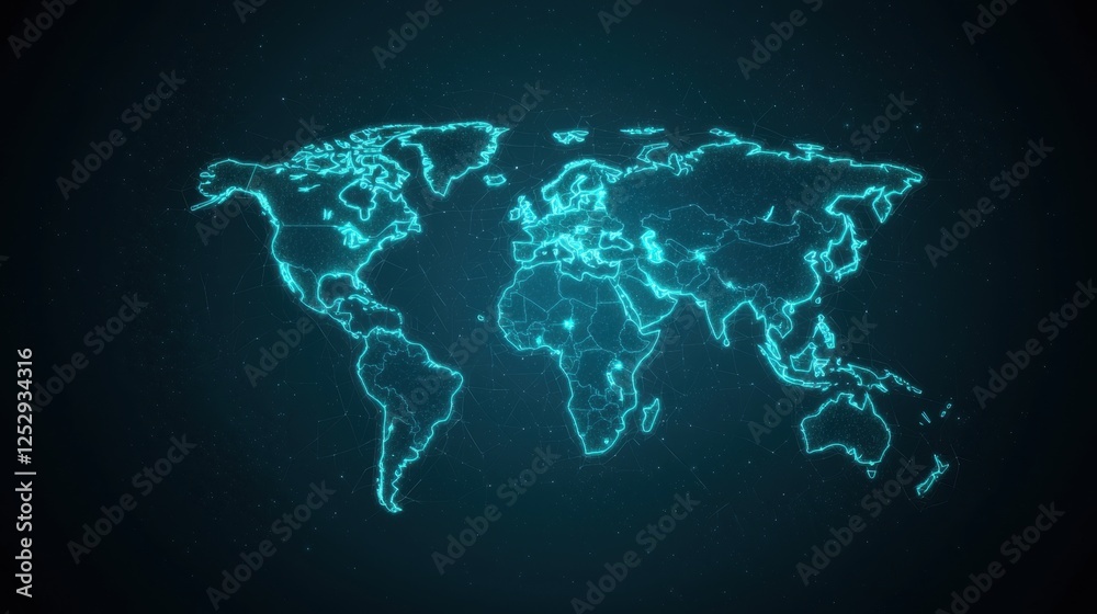 World Map Futuristic 3D Interface High tech 3D world map interface with glowing lines and ...