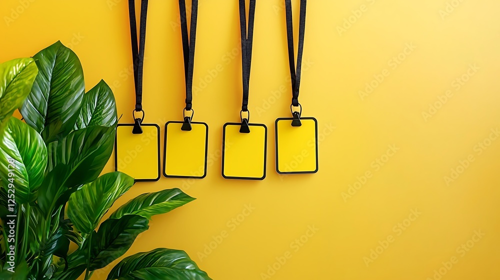 Four Blank Yellow Name Tags with Lanyards Hanging on Yellow Wall Beside ...