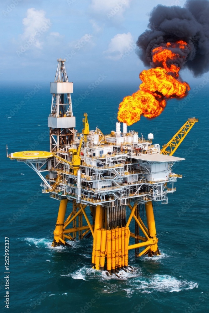 Oil rig fire incident offshore platform industrial photography ocean ...