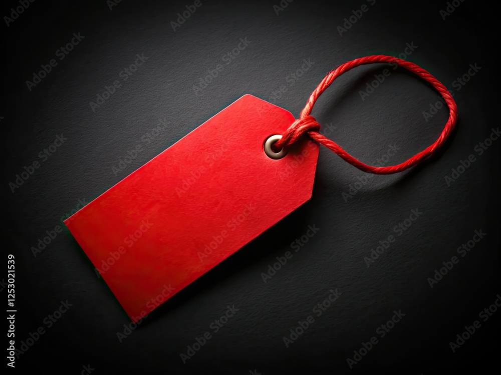 Minimalist red tag silhouette, isolated on black. A hanging product ...