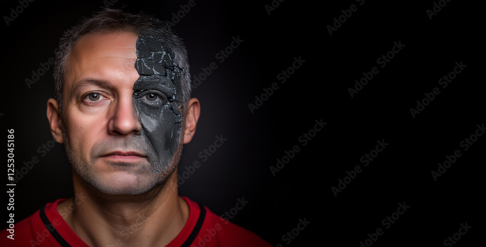 Man with half face covered in soot or ash and crumbling like a ...