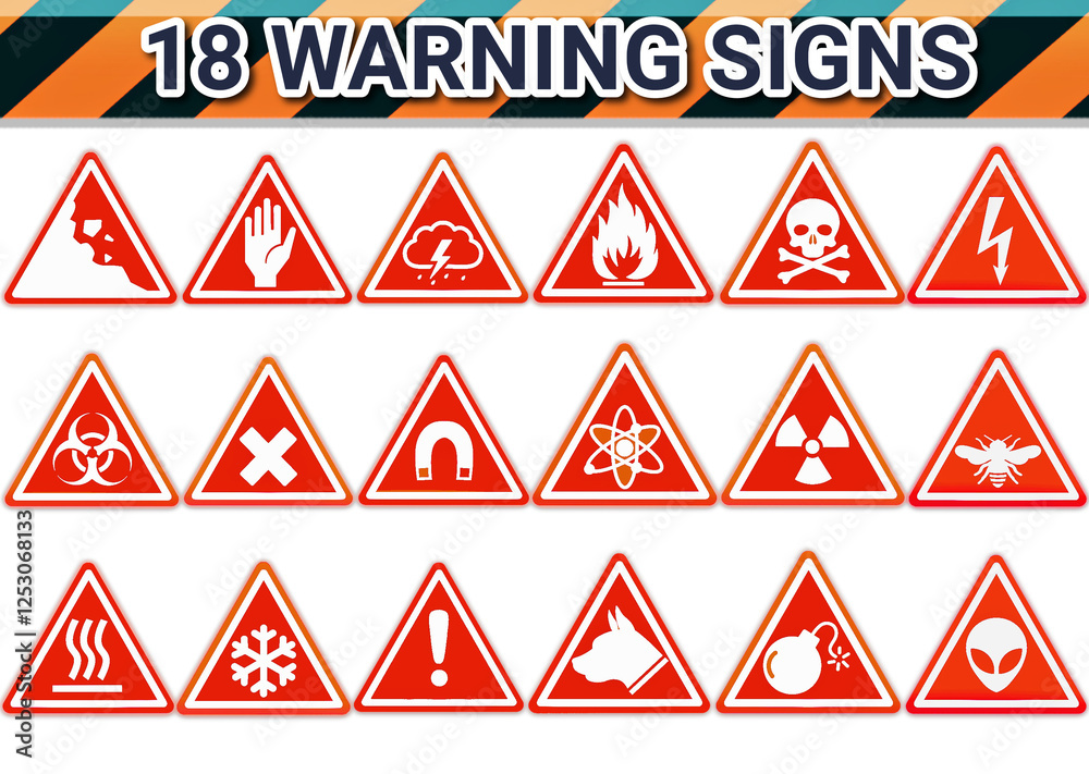 Set of triangle red warning signs. 18 Elements of hazard warning signs ...