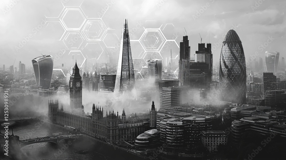 Ilustración de Stock Futuristic London skyline in black and white ...