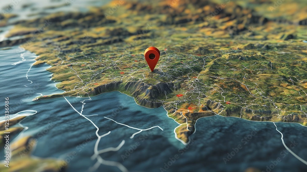 Aerial view of a detailed map with a red pointer marker highlighting a ...