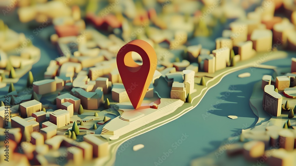 Aerial view of a miniature tilt shift city model with a prominent GPS ...