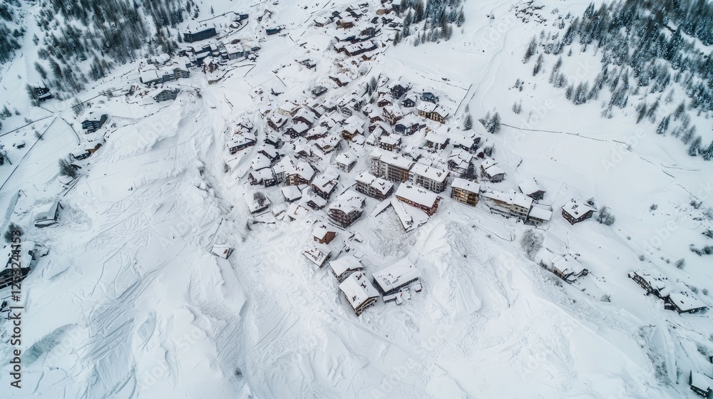An aerial view of a town partially buried in snow after an avalanche ...