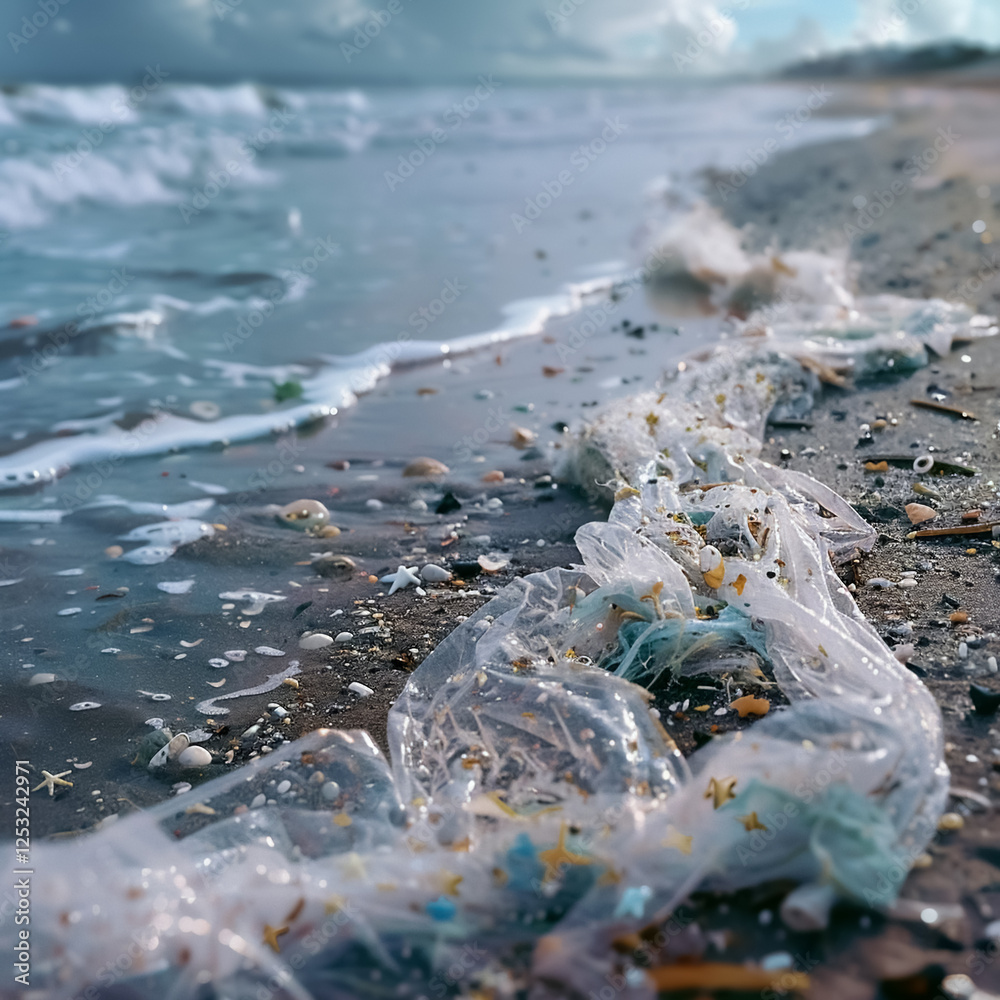 image depicts plastic waste on beach, highlighting environmental impact ...