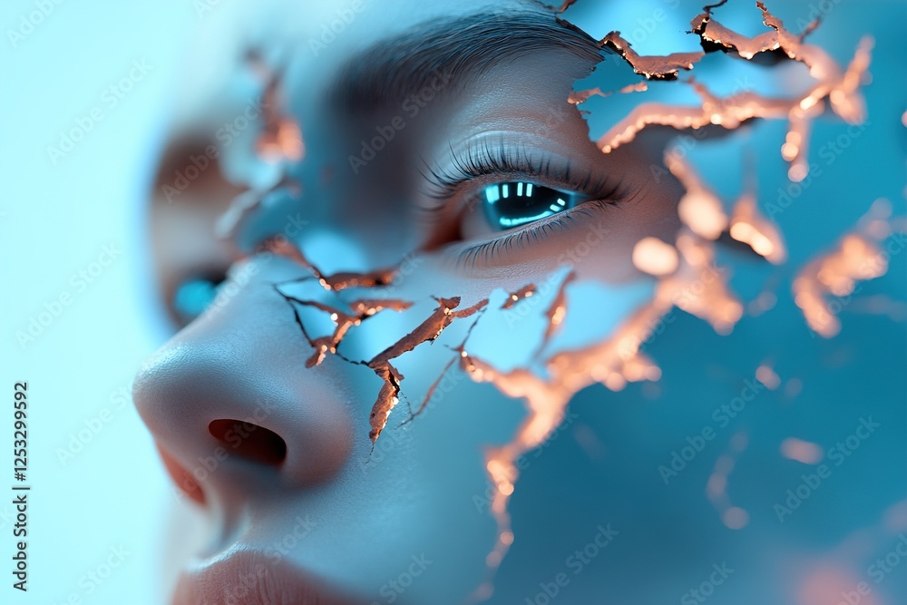 The artwork depicts a hyper-realistic human face cracking into binary ...