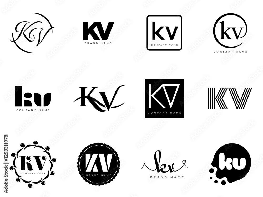 KV logo company template. Letter k and v logotype. Set different ...