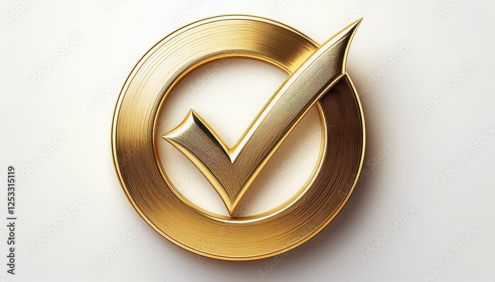 shiny golden check mark in circle box symbol on white background ...
