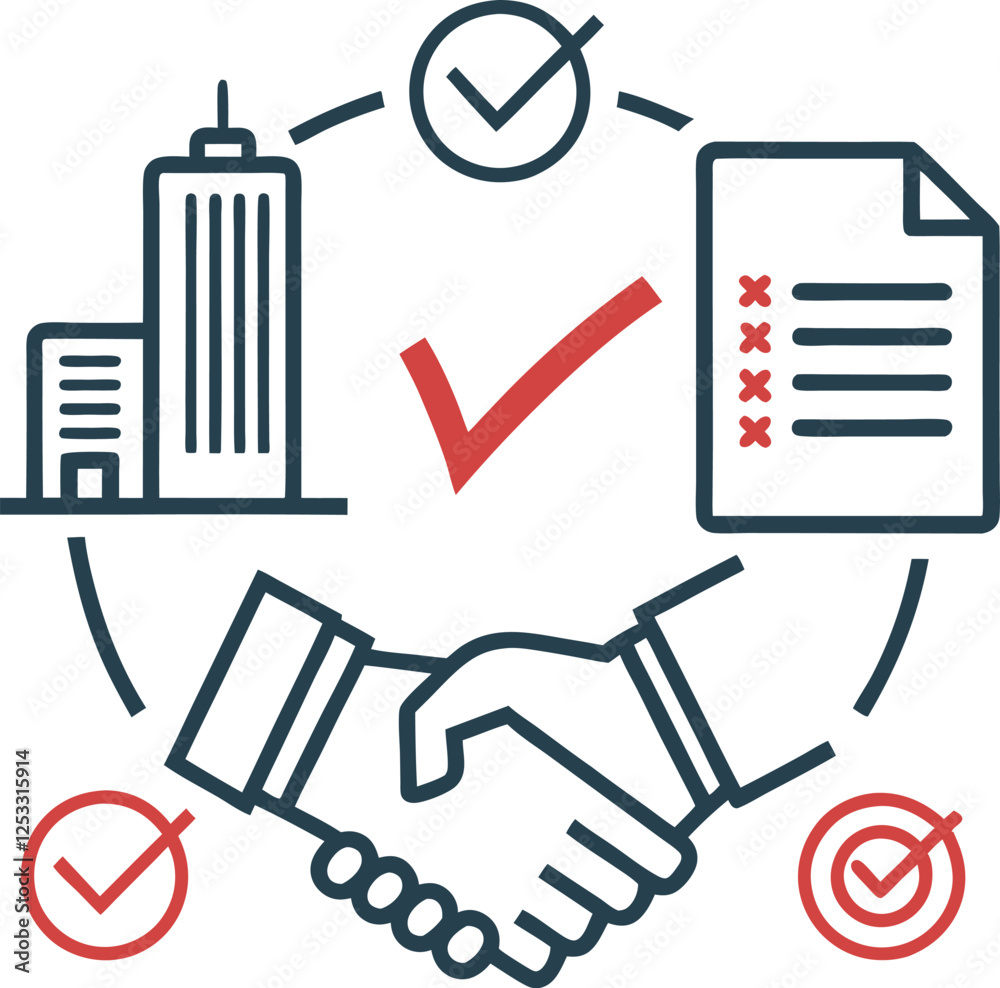 Corporate agreement, city skyline, handshake icon, checkmarks, document ...
