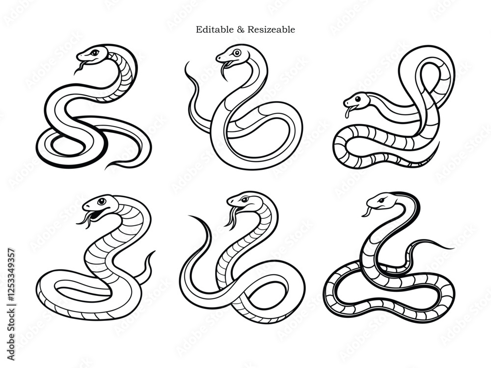 Snake drawing, line art, Set of reptile snake line art vector ...