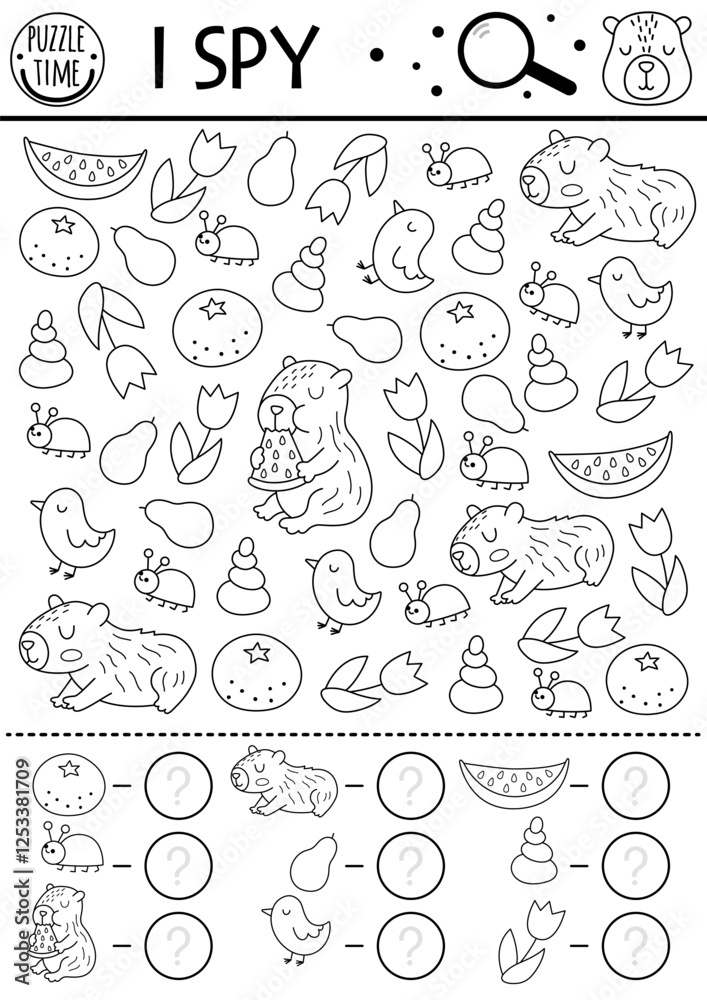 Capybara black and white I spy game for kids. Searching and counting ...