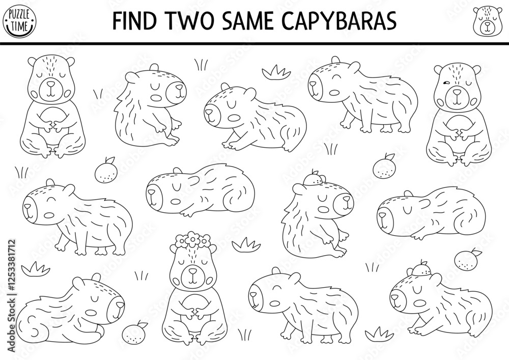 Find two same capybaras. Capibara black and white matching activity for ...