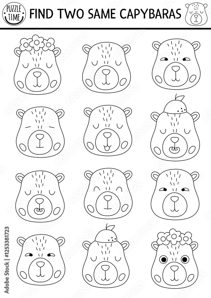 Find two same capybara faces. Black and white matching activity for ...