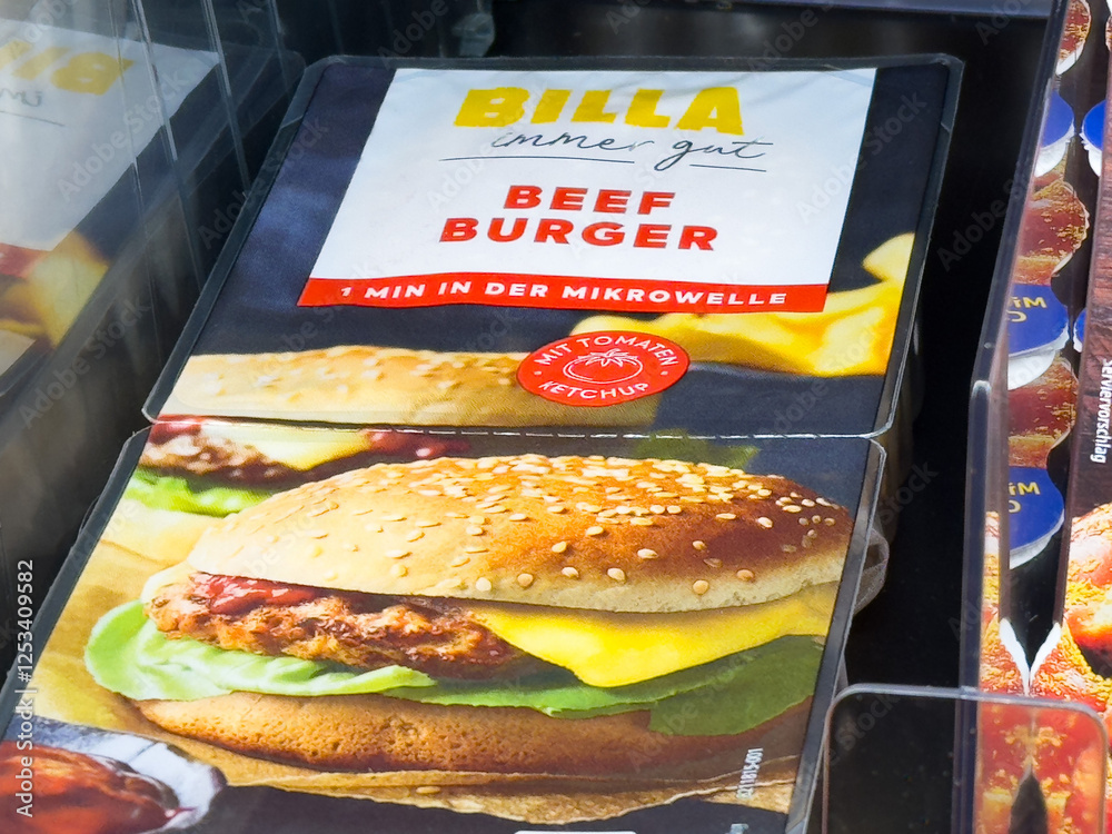 Microwave beef burger packaging with tomato ketchup in vending machine display Stock Photo ...