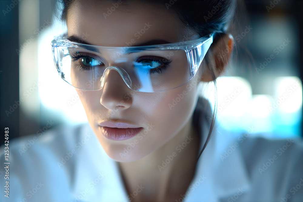 Portrait of Female scientist wearing glasses. She is concentrated and ...