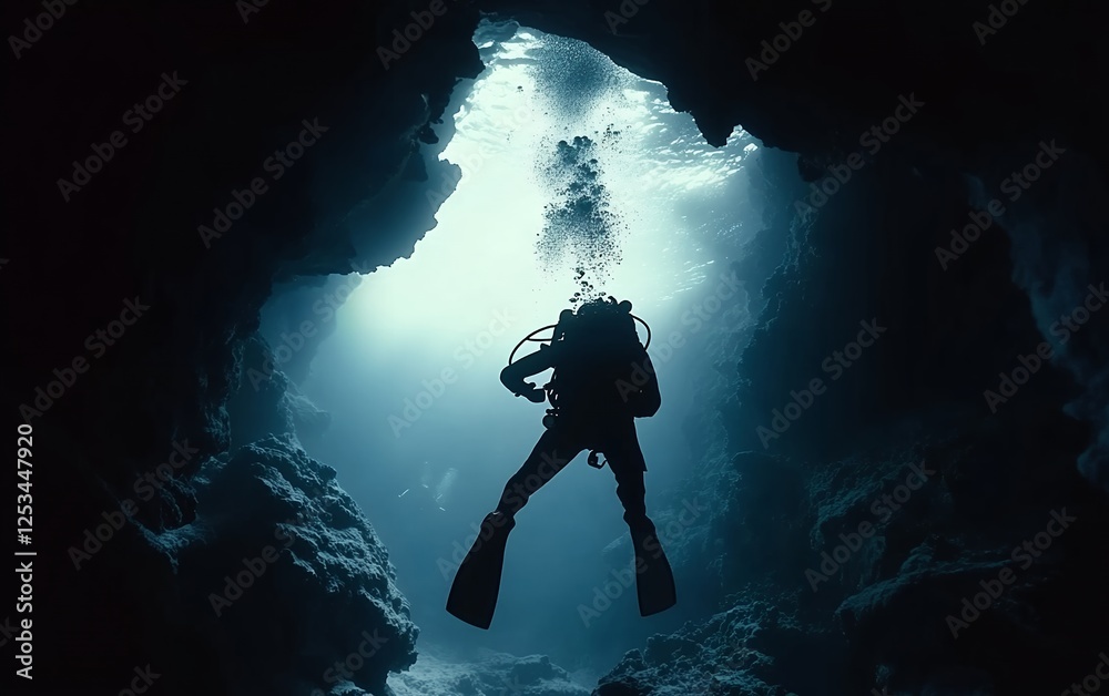 Scuba diver exploring a hidden underwater cave illuminated by rays of ...