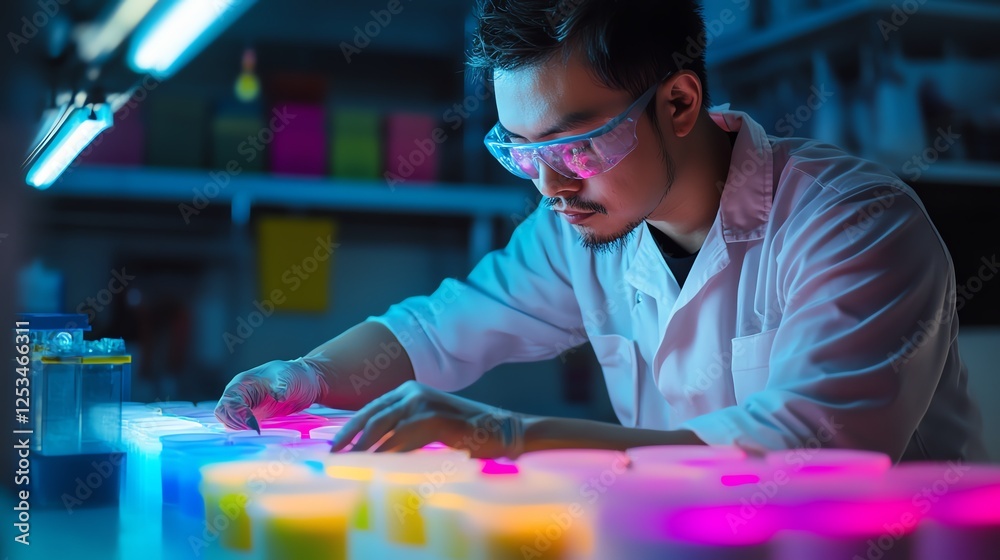 Chemist working with bioluminescent liquid samples, glowing in ...