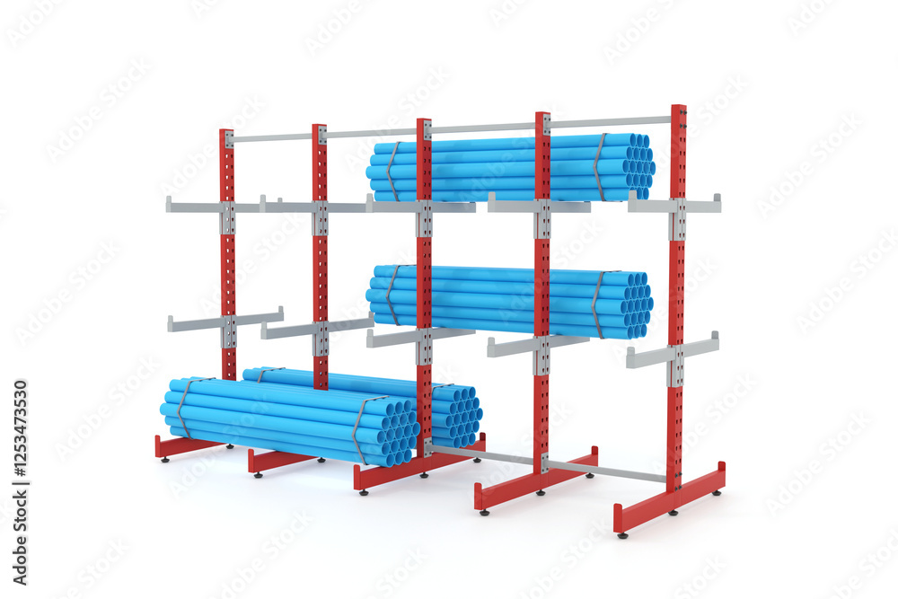 modern building. cantilever rack system with red vertical supports and ...
