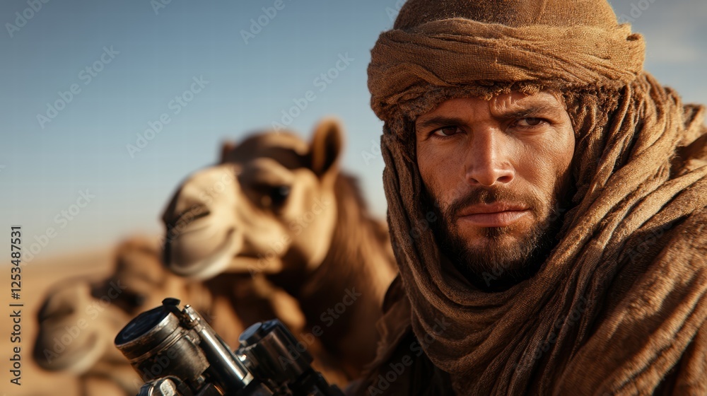 This powerful image features a rugged man riding a camel in the desert ...