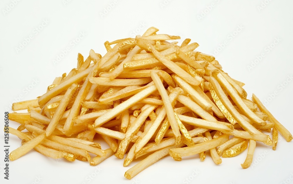 Exquisite french fries with edible gold leaf accents stacked on white ...