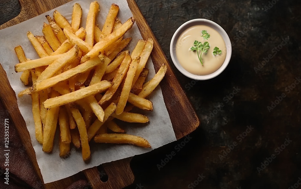 Golden crispy french fries with creamy aioli dip served on rustic ...