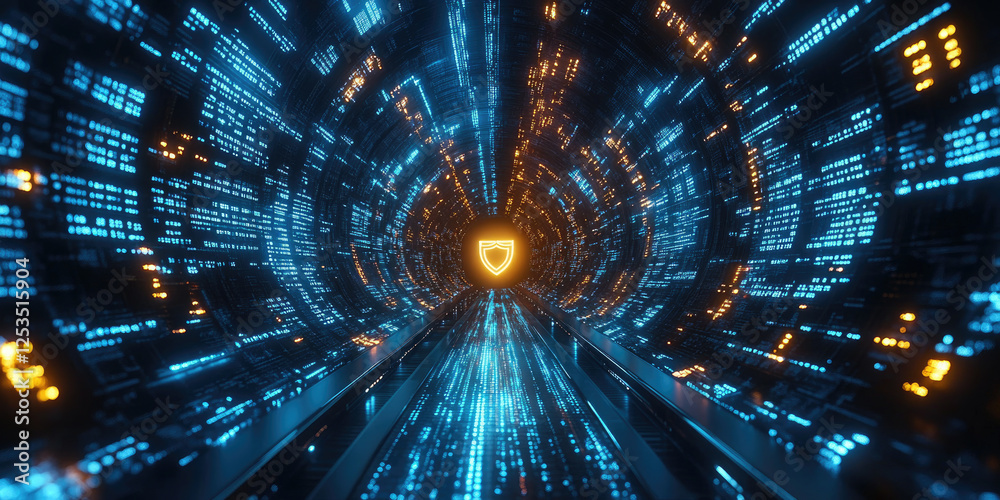 A futuristic representation of encrypted data streams, with binary code and a shield icon for ...