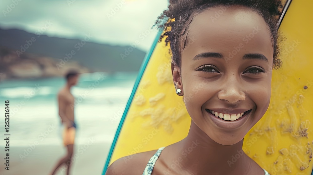 Stock-Foto „This surfer goddess, with her tousled mane and bronzed complexion, commands ...