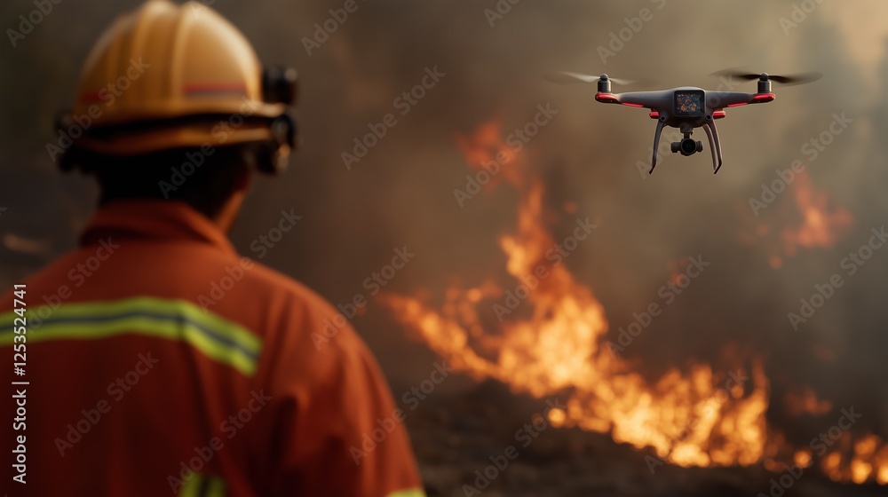 Drone Surveillance of Wildfire: A firefighter monitors a raging ...