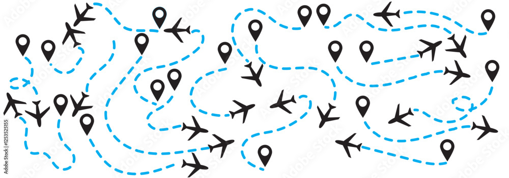 Airplane line path icon of air plane flight route dash line trace with ...