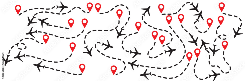 Airplane line path icon of air plane flight route dash line trace with ...