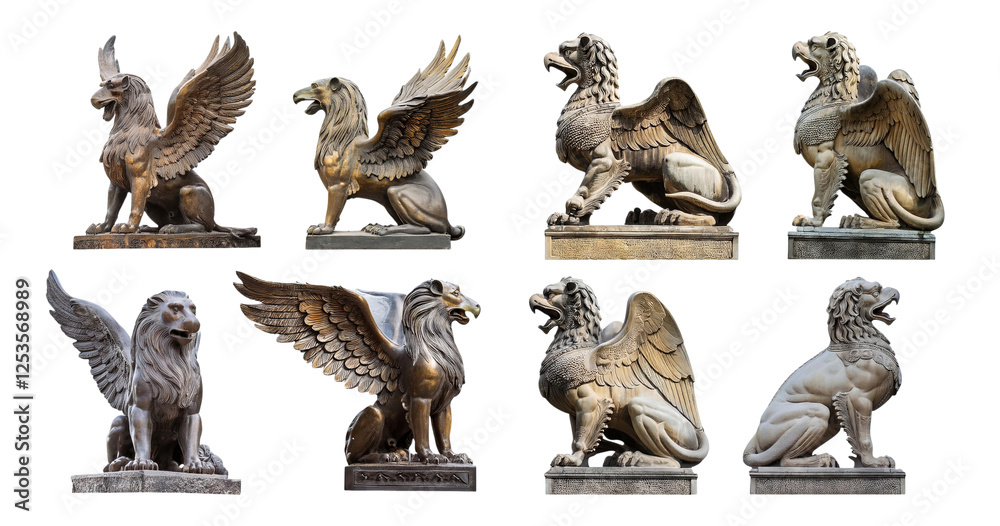 Majestic Stone Statues of Winged Creatures and Lions in Detail ...