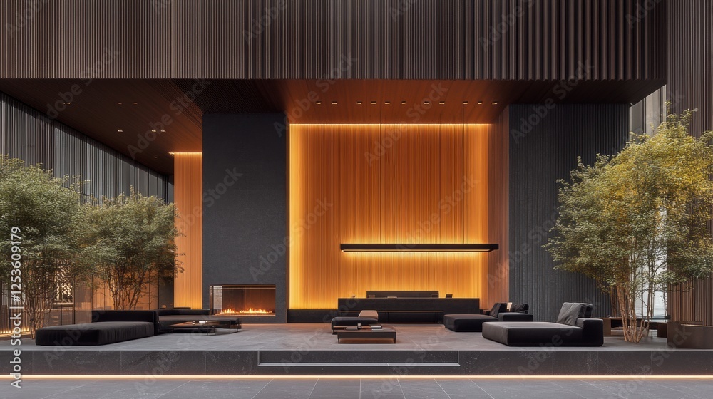 Stylish Modern Lobby with Elegant Furniture and Ambient Lighting in ...