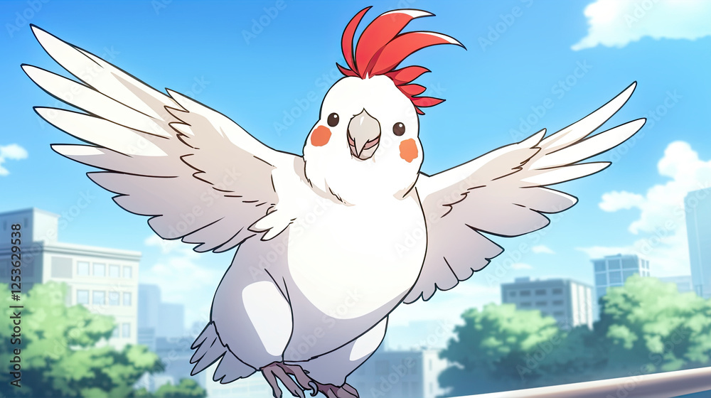 White bird with red crest and beak dancing on perch in playful pose ...