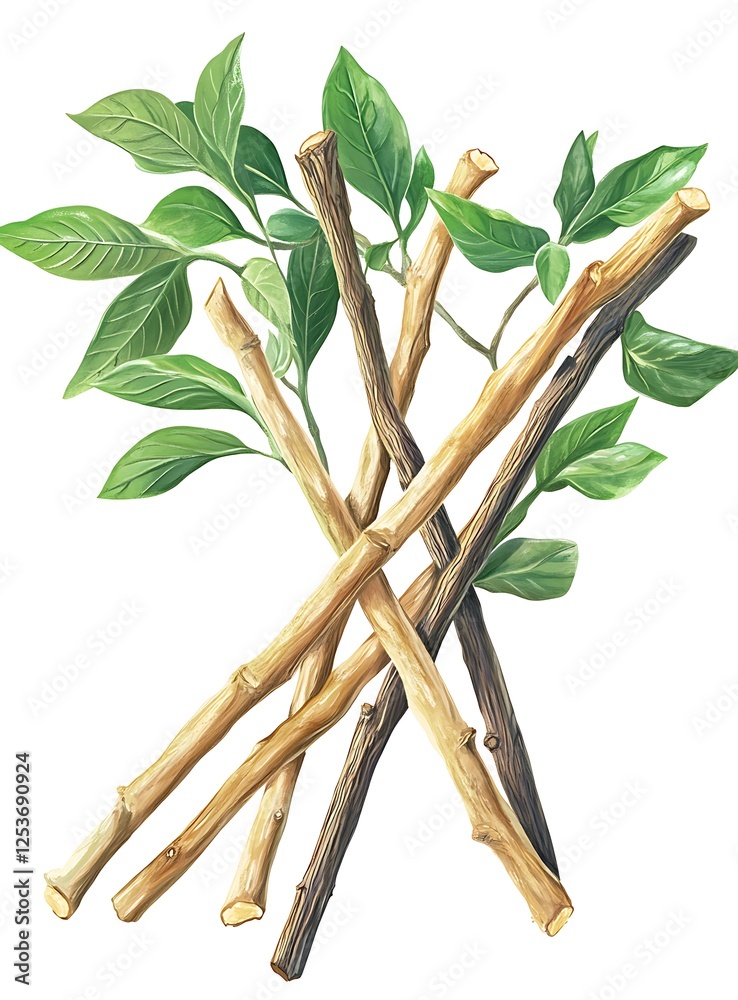 Miswak Sticks and Leaves: A detailed illustration showcasing a bundle ...