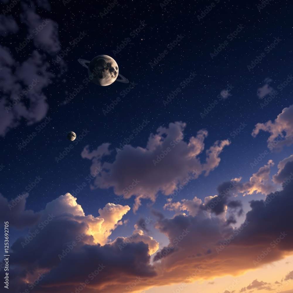 Stock-Foto „Starry night sky with clouds and planets ai generated ...