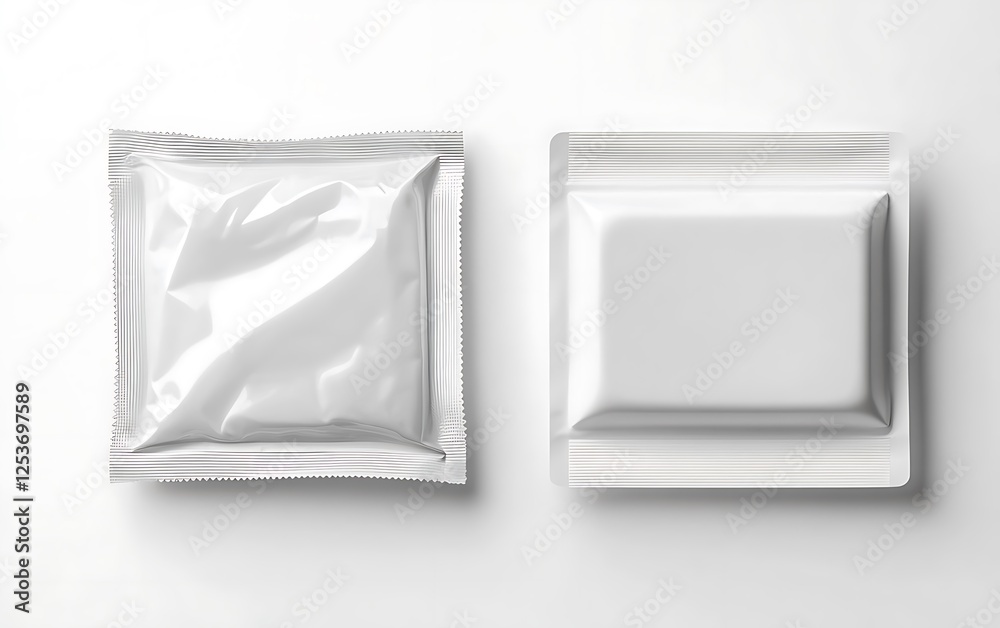 Blank Sachet Mockup: Two blank white sachets, one square and one ...