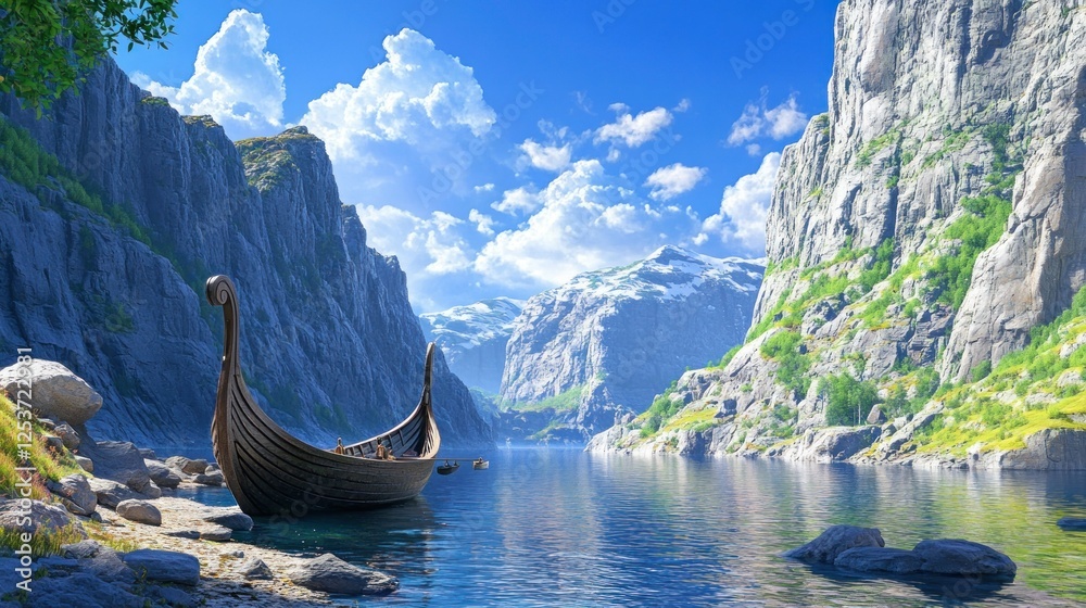 Foto de Stock Viking longship fjord calm water mountains travel | Adobe ...