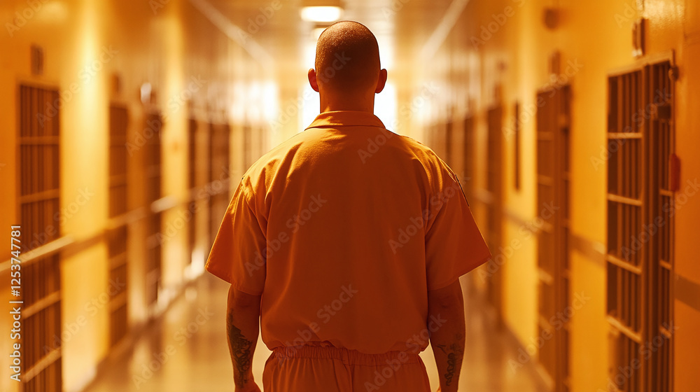 Back view of a bald man wearing orange uniform walking down a corridor ...