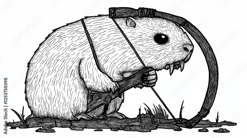 Brutal capybara, line drawing, A capybara wielding a longbow in a high ...