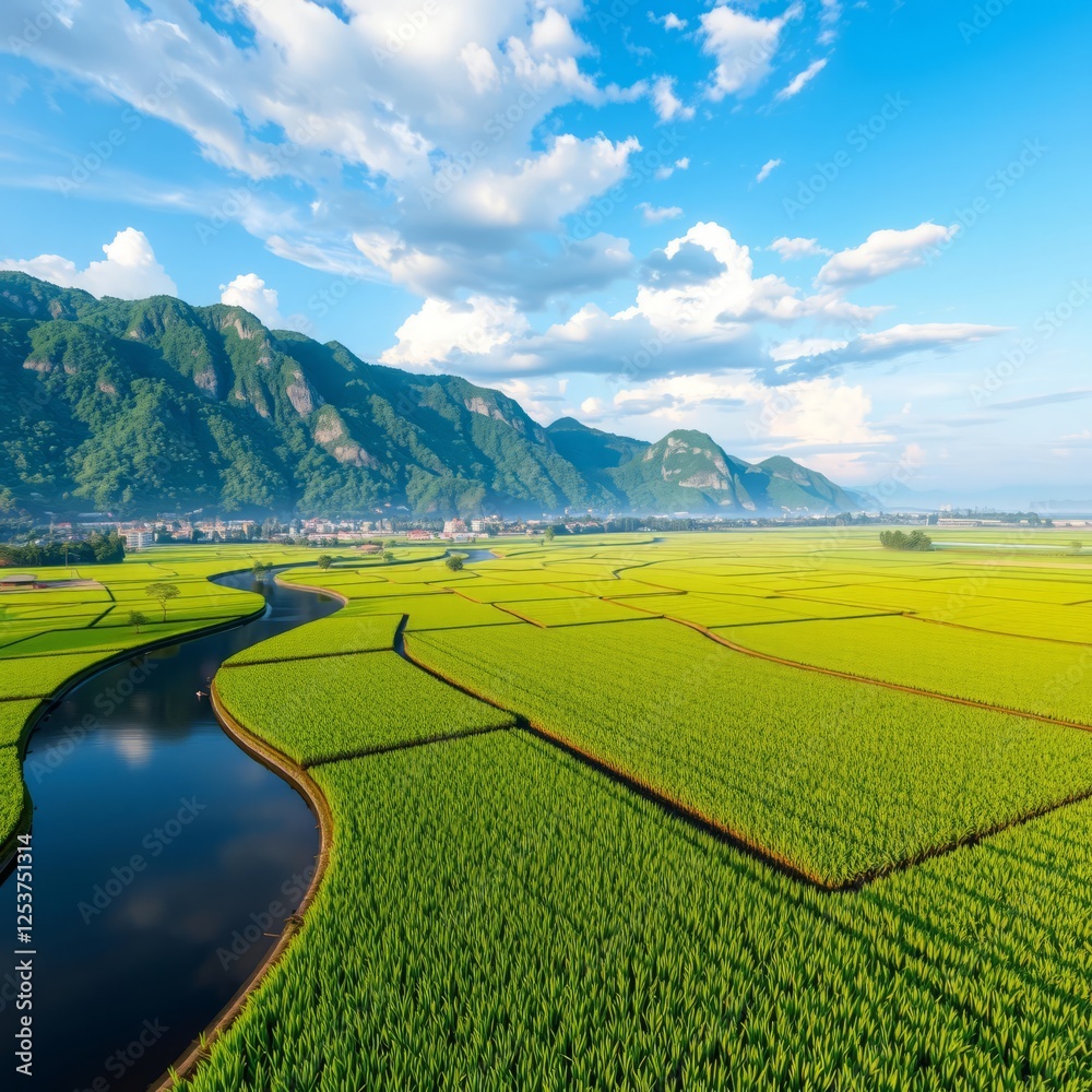 Aerial view of rice fields in mekong delta tri ton town an giang ...
