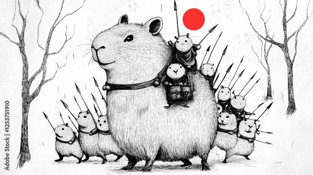 Brutal capybara, line drawing, A capybara leading a group of small ...