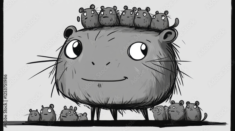 Brutal capybara, line drawing, A capybara leads a group of smaller ...