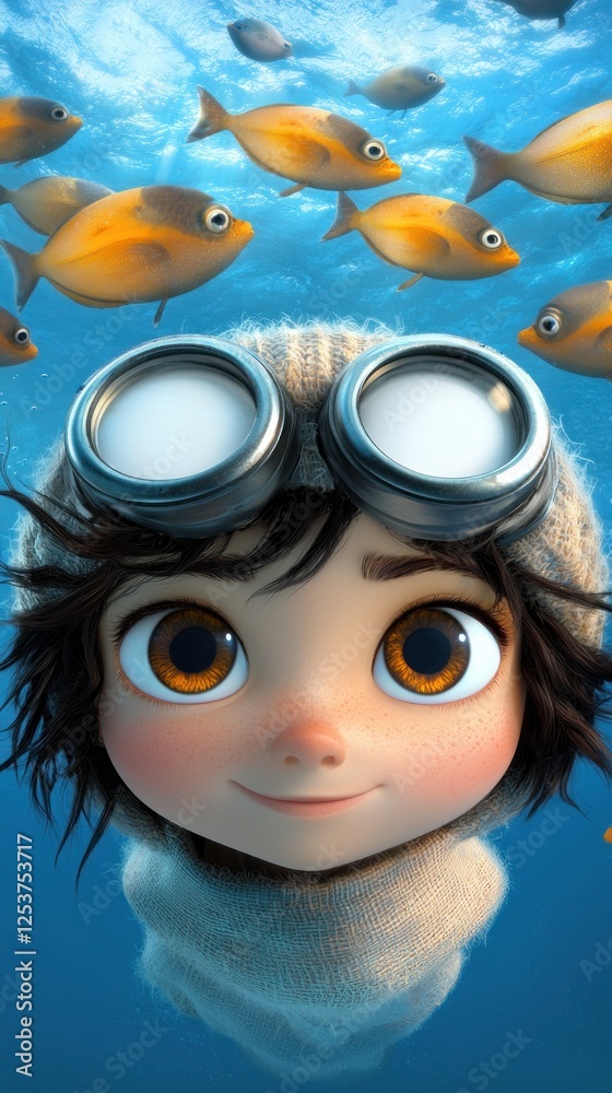 Child underwater, looking at fish, animated, fantasy, ocean scene ...