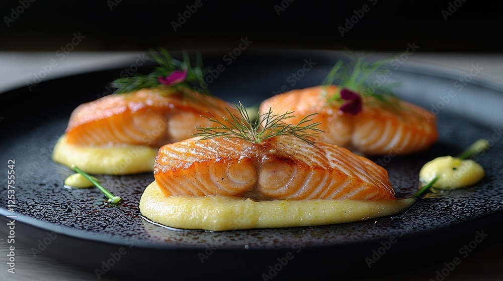 Pan-seared salmon fillets with creamy polenta, dill garnish Stock Photo ...