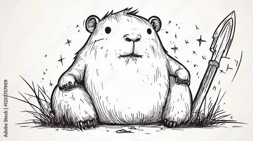 Brutal capybara, line drawing, A capybara skillfully throwing a spear ...