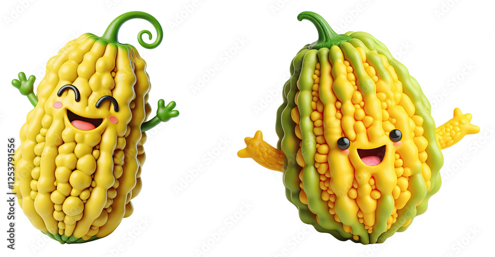 Bitter Gourd cartoon characters with smiling faces without background ...